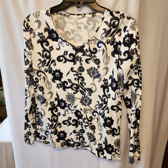 Chico's | Tops | Chicos Mixed Soiree Vneck Tee Long Sleeve Scroll Print ...